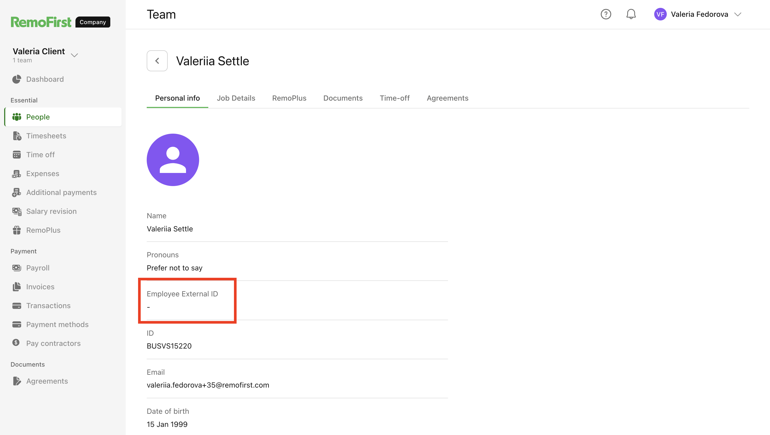 Employee External ID field – Remofirst